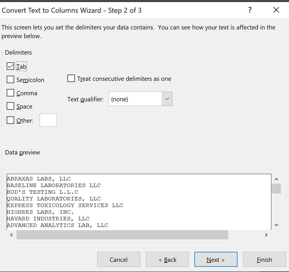 Help separating text into columns in Excel delimiter isn't working properly. Any advice? Thank ...